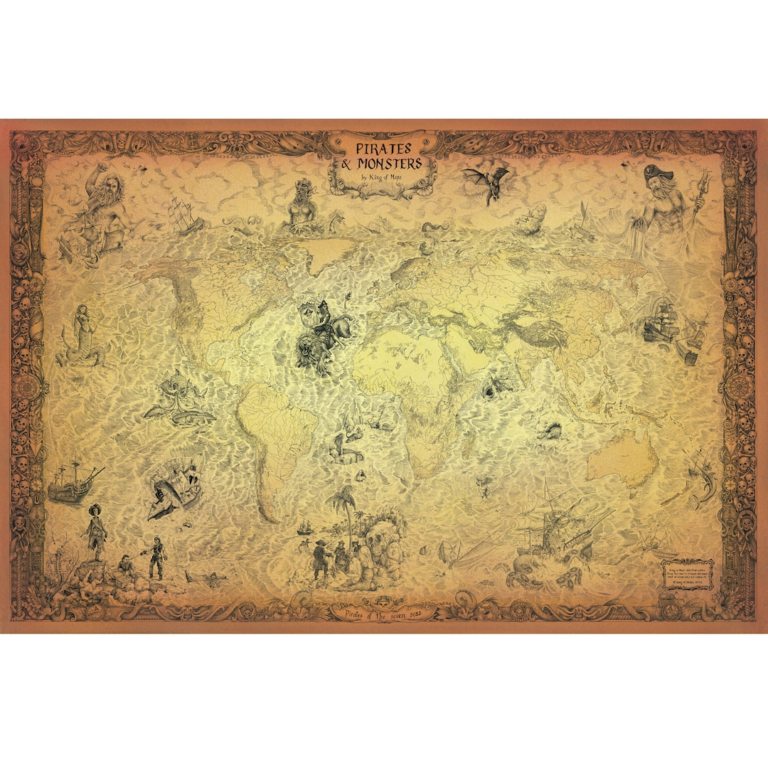 PIRATE MAP - Hand Drawn Pirates of the Seven Seas World Map- Our ...