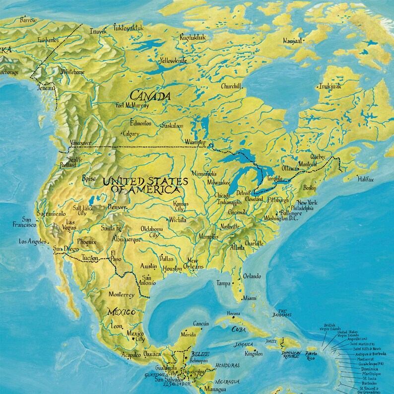 PAINTED AMERICAS MAP Originally Hand Painted Map of the - Etsy