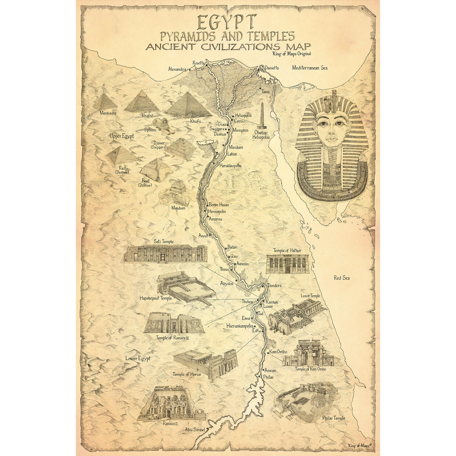 PYRAMIDS & TEMPLES of EGYPT Map of Ancient Egyptian Temples and Pyramids Egypt Lovers Love This ...