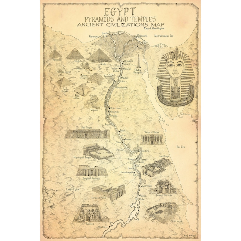 Egyptian Pyramid & Temples Map – Hand‑drawn Art Print – Pyramids of ...