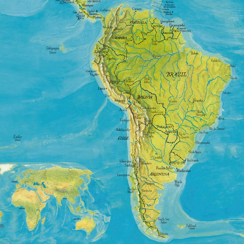 PAINTED AMERICAS MAP Originally Hand Painted Map of the - Etsy