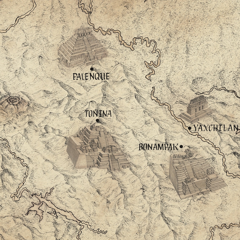 MAYA REGION MAP. Explore Mayan Gods and Temples With Our Hand-drawn Map ...