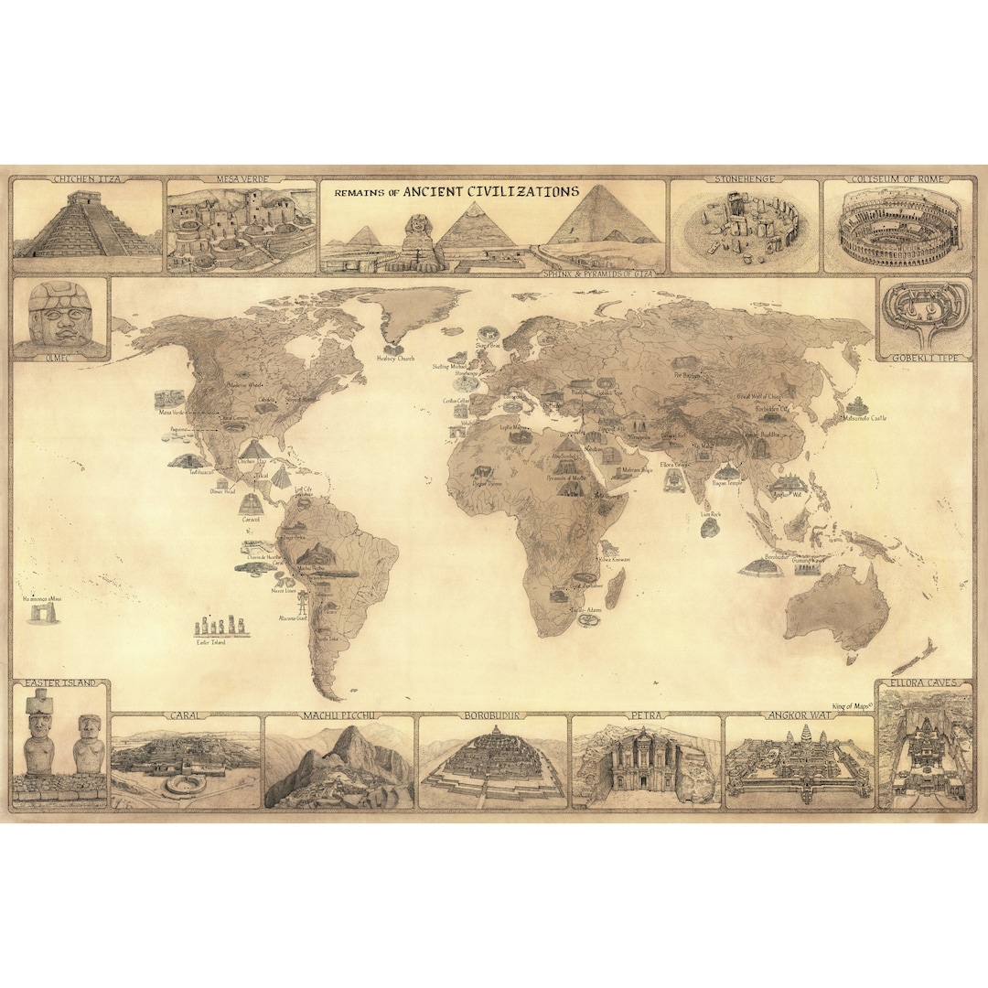 ANCIENT CIVILIZATIONS MAP Hand-drawn World Map Evidence of Past ...