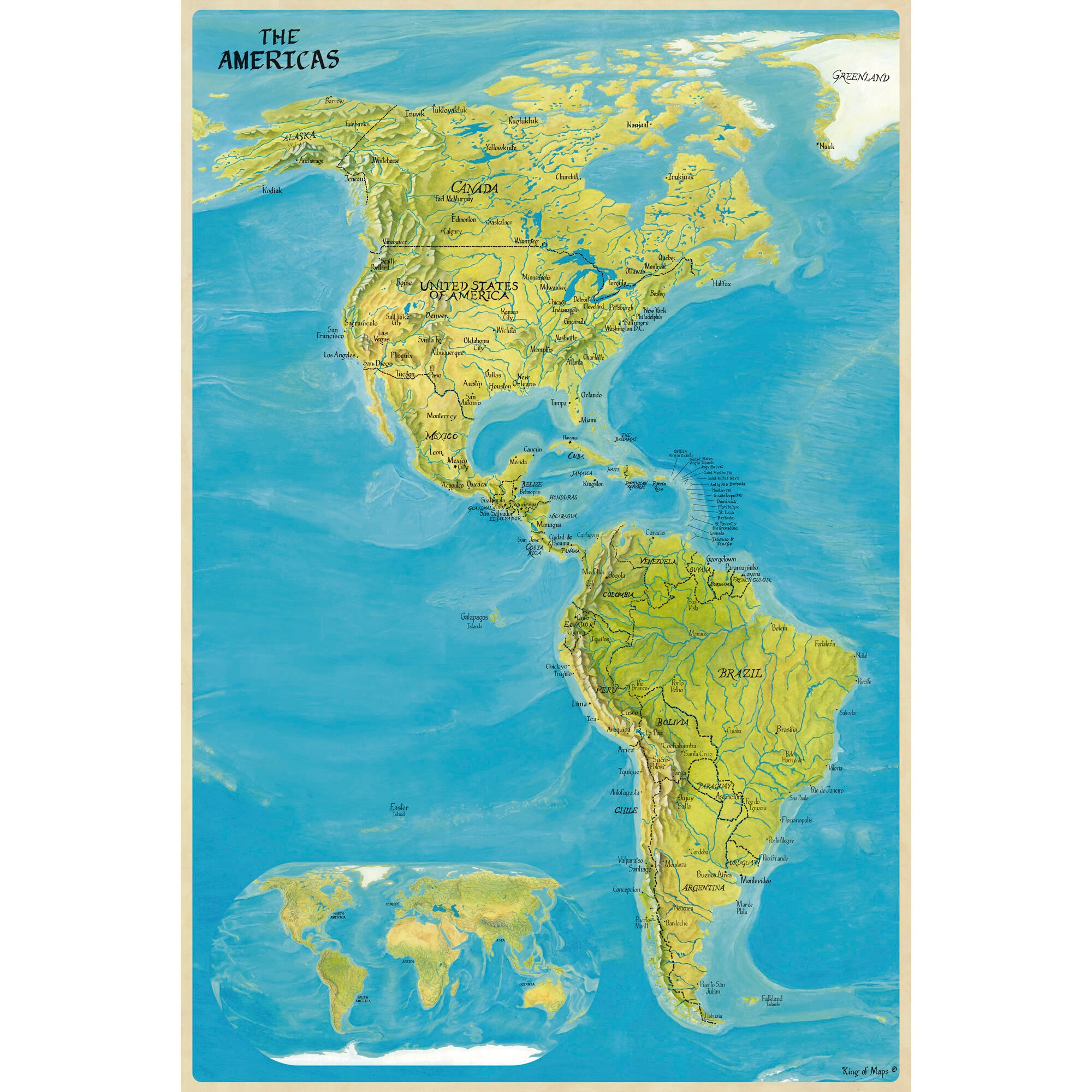 PAINTED AMERICAS MAP Originally Hand Painted Map of the Americas ...