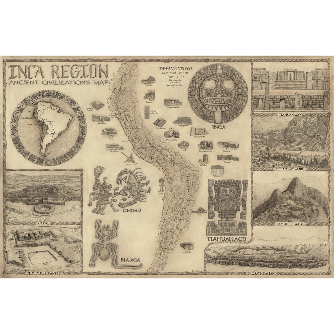 INCA REGION MAP - Explore the Inka Region Hand-drawn Map of Temples and ...