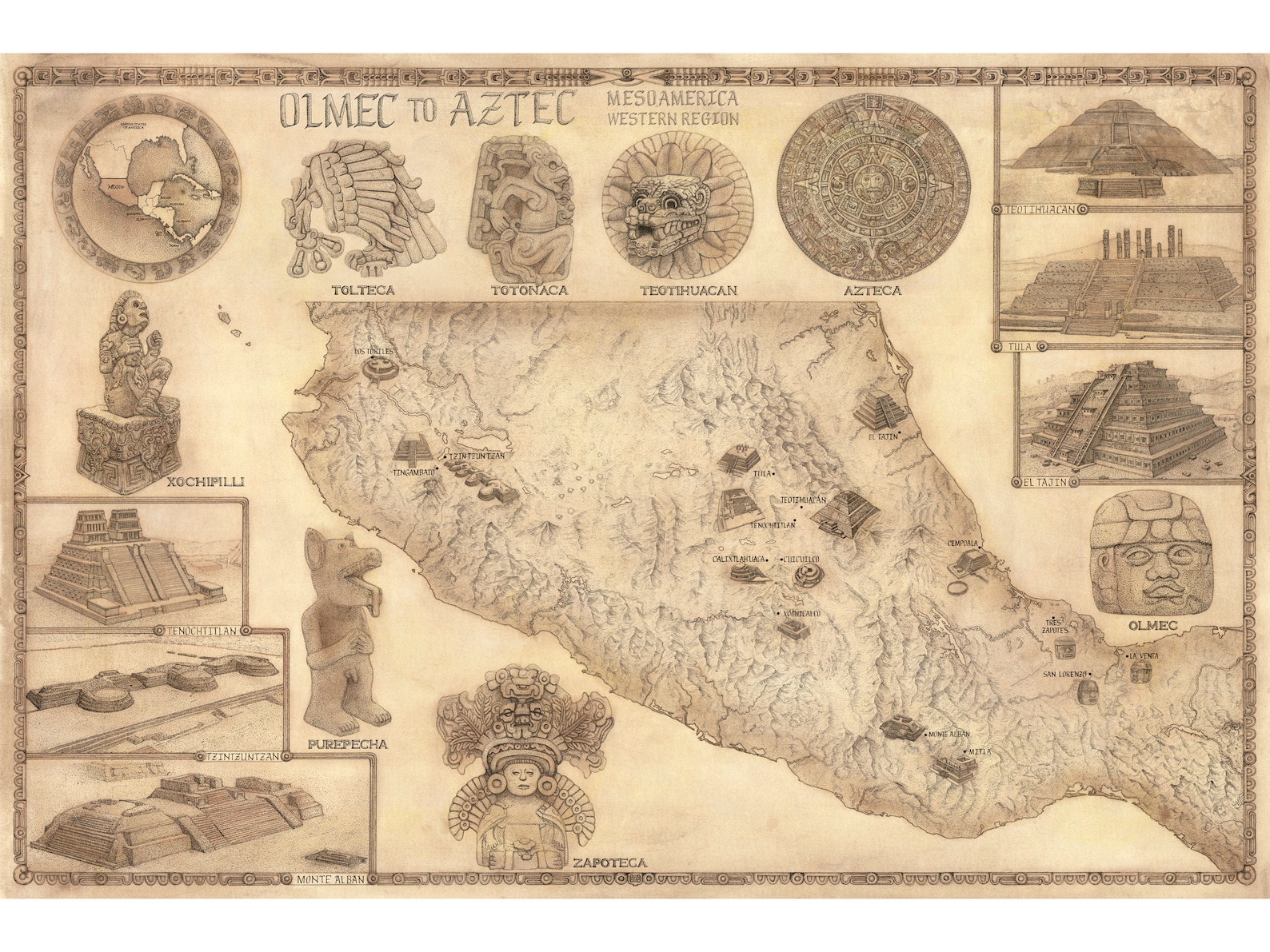 AZTEC Map Handcrafted AZTEC to OLMEC Map Hand-drawn by King - Etsy