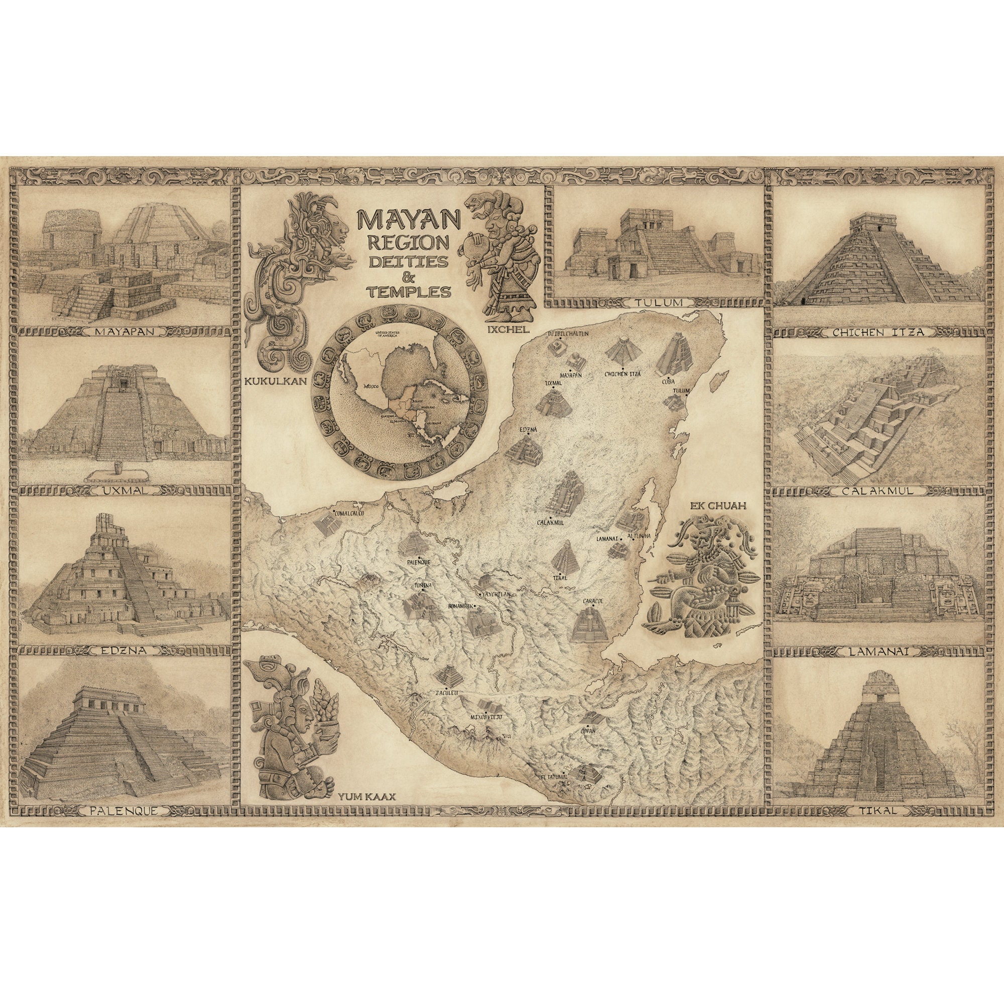 MAYA REGION MAP. Explore Mayan Gods and Temples With Our | Etsy