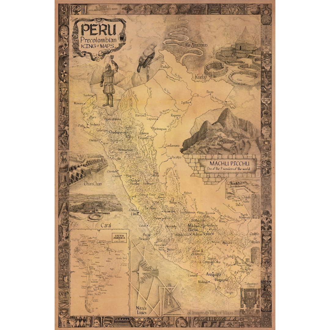 PERU CULTURES MAP by King of Maps - Hand Drawn Map of Peru Surrounded ...