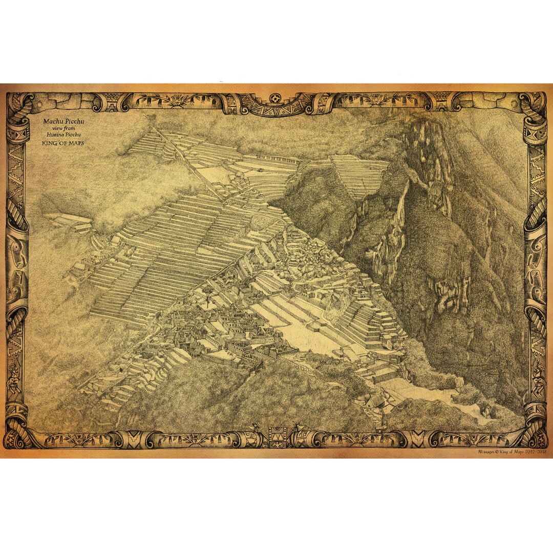 HUAYNA PICHU MAP Machu Picchu as Viewed From Huayna Picchu Map. Hand ...