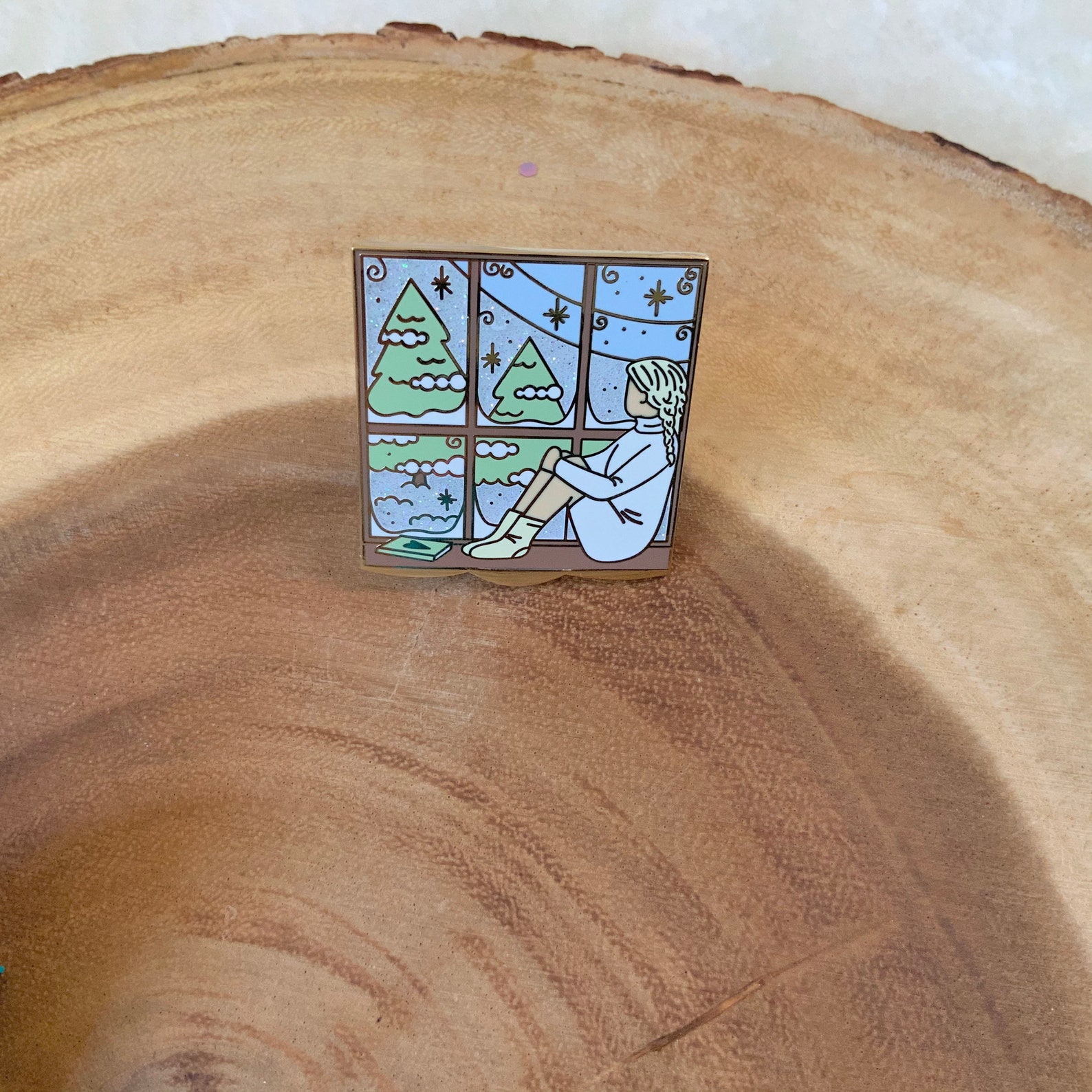 Winter Window Girl Enamel Pin, Gold Plated, Glitter Detail - Etsy