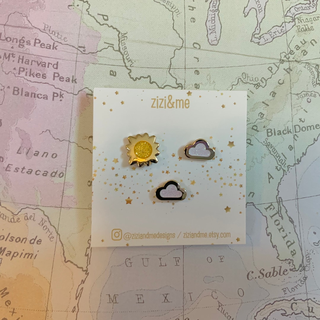 Cute Mini Tiny Gold Plated Sun and Clouds Enamel Pin Set. Fab - Etsy