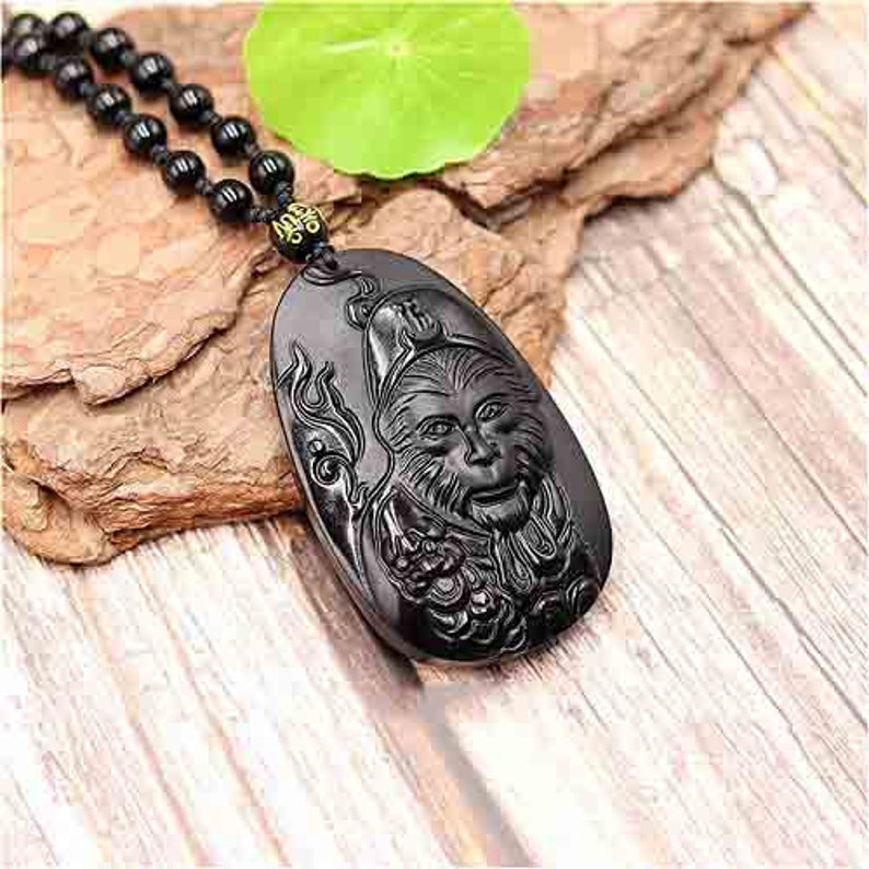 Natural Black Obsidian Monkey King Pendant Beads Necklace - Etsy