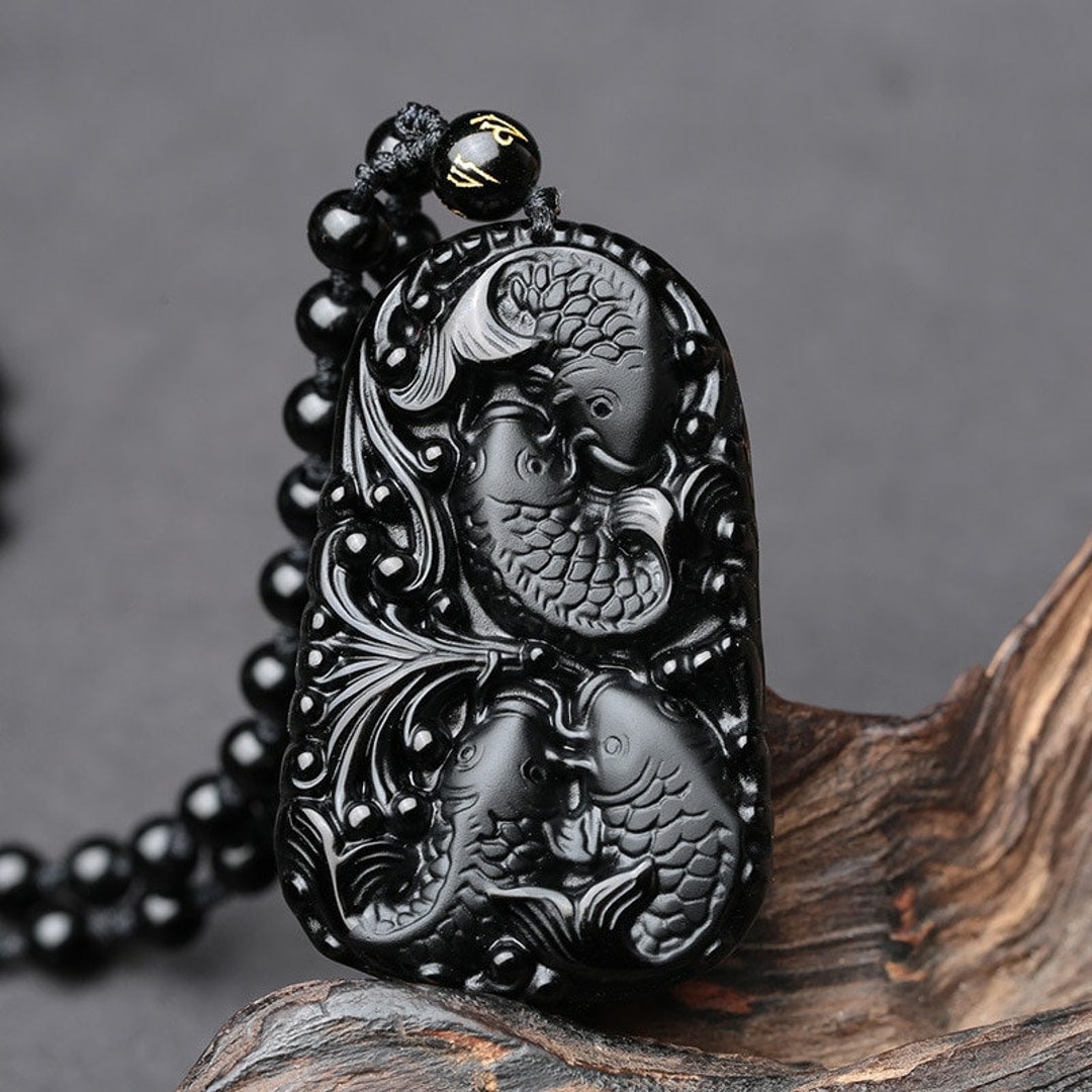 Wonderful Chinese Handwork Natural Black Obsidian Carved Fish Happy ...