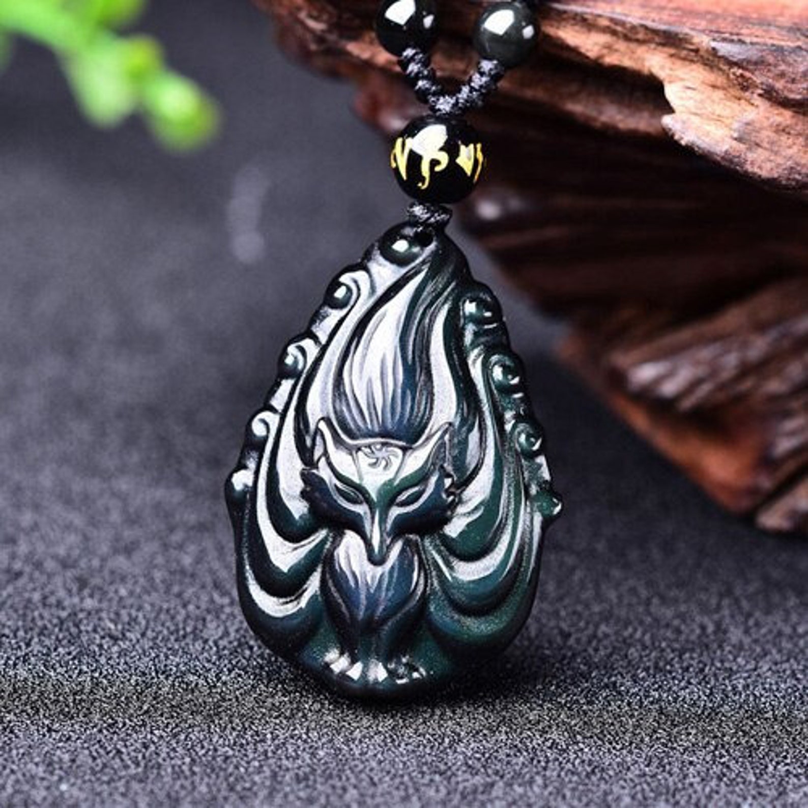 Natural Rainbow Obsidian Fox Pendant Nine-tailed Fox Crystal Necklace ...