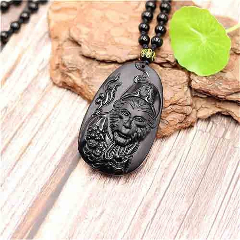 Natural Black Obsidian Monkey King Pendant Beads Necklace - Etsy