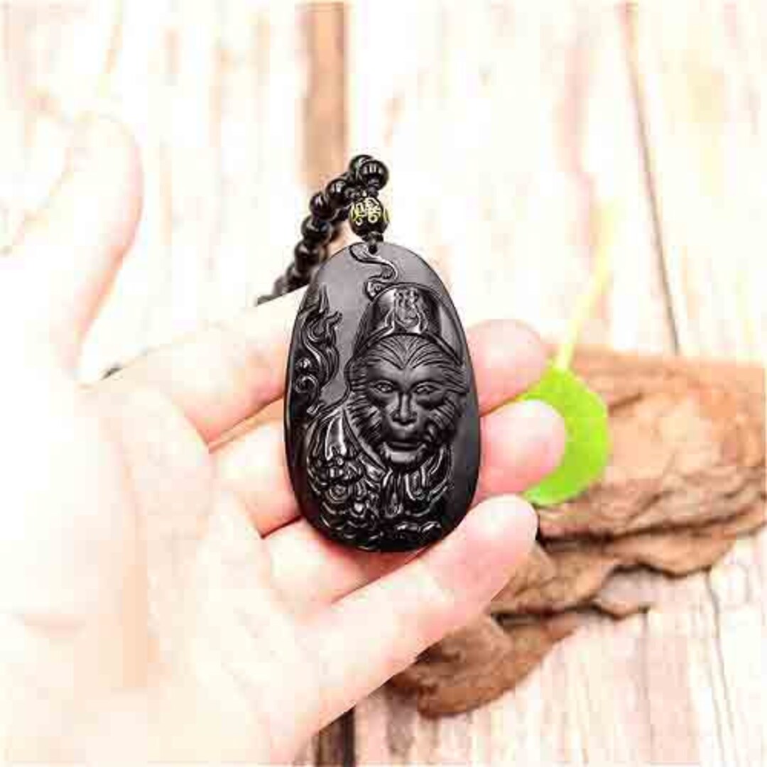 Natural Black Obsidian Monkey King Pendant Beads Necklace Fashion Charm ...