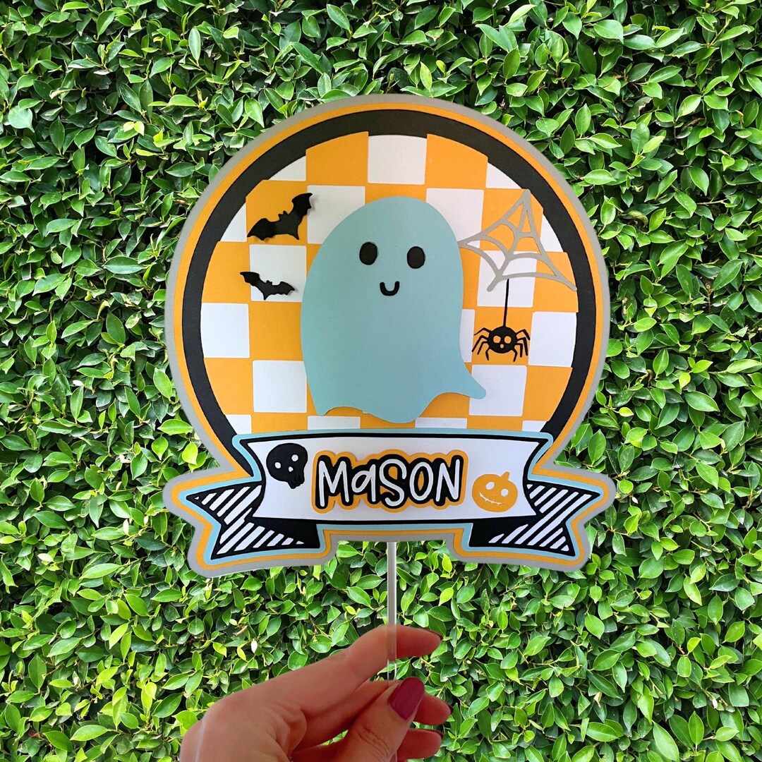 GHOST CAKE TOPPER Blue and Orange for Boy Halloween Birthday Checkered ...