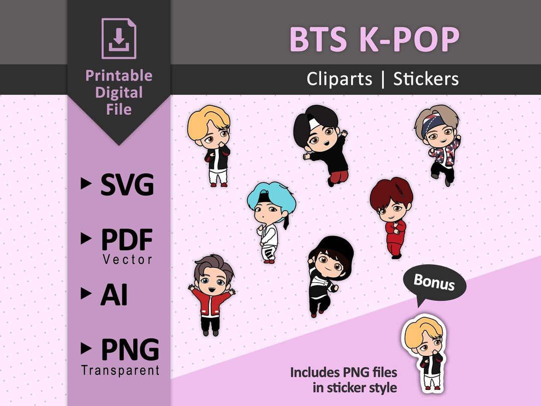 BTS Chibi Clipart Sticker Pack | K-pop Digital Stickers | Svg, Png of V ...
