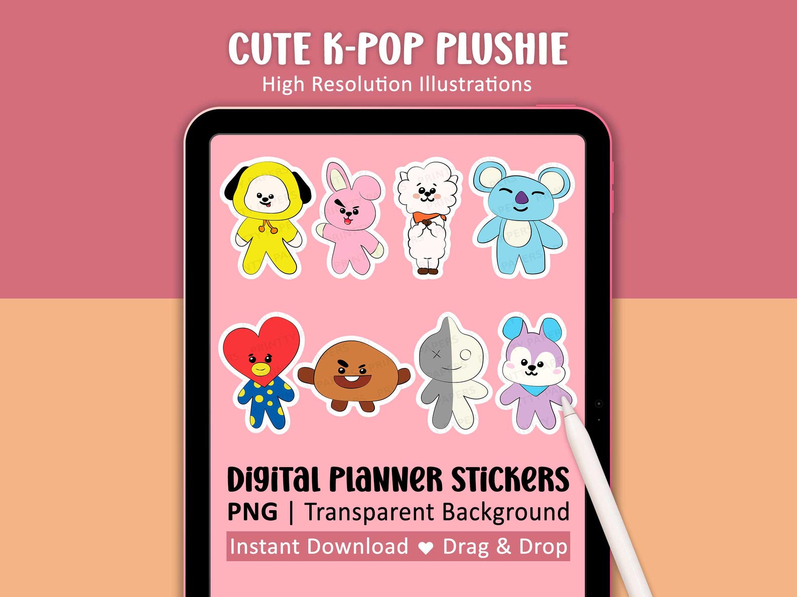 Cute K-pop Plushie Digital Stickers PNG | Kawaii Planner Stickers for ...
