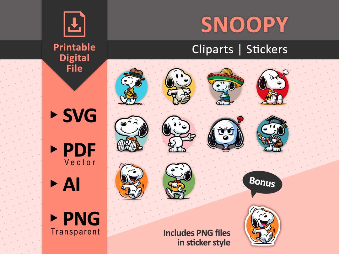 Snoopy Sticker Pack High-quality SVG and PNG Snoopy Clipart Printable ...