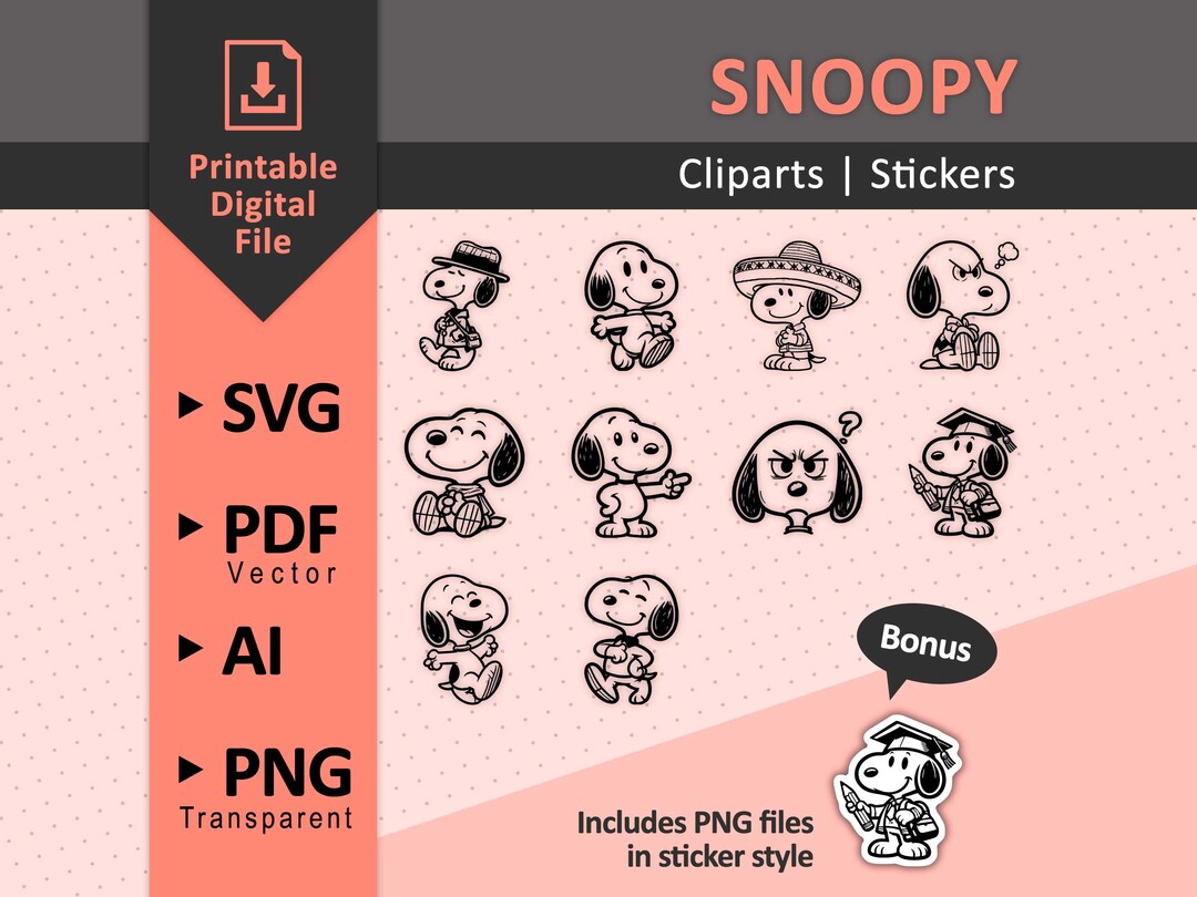 Snoopy SVG Vector Pack High-quality PNG Cliparts, Printable and Digital ...