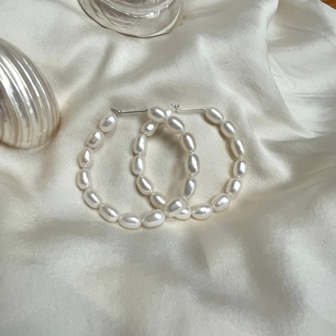 Big Pearl Hoop Earrings, Creole Style Pearl Hoops, Extra Large Pearl ...