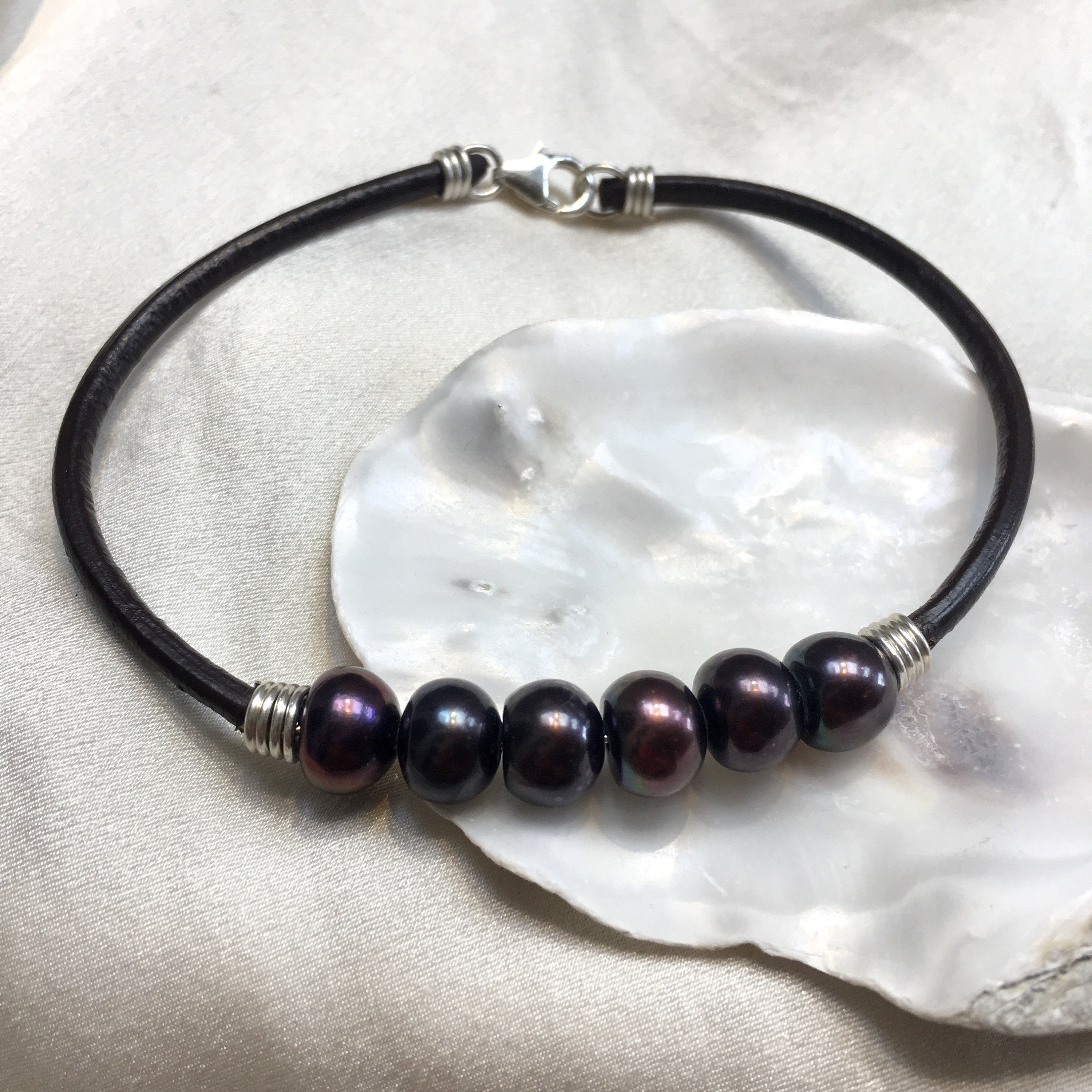 Black Pearl Bracelet for Men Leather and Pearl Bracelet - Etsy