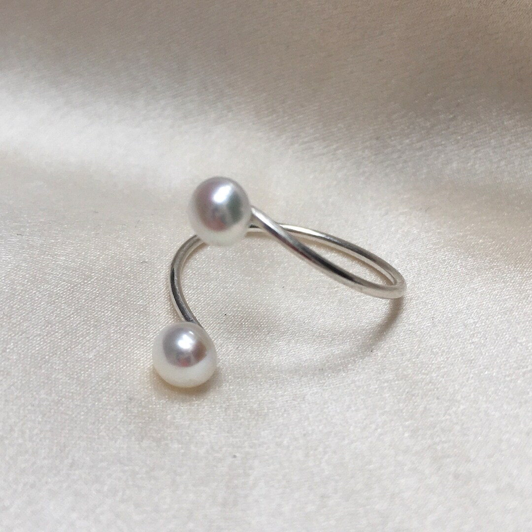 Small Two Pearl Ring, Dainty Pearl Open Ring, Anniversary Gift for Her ...