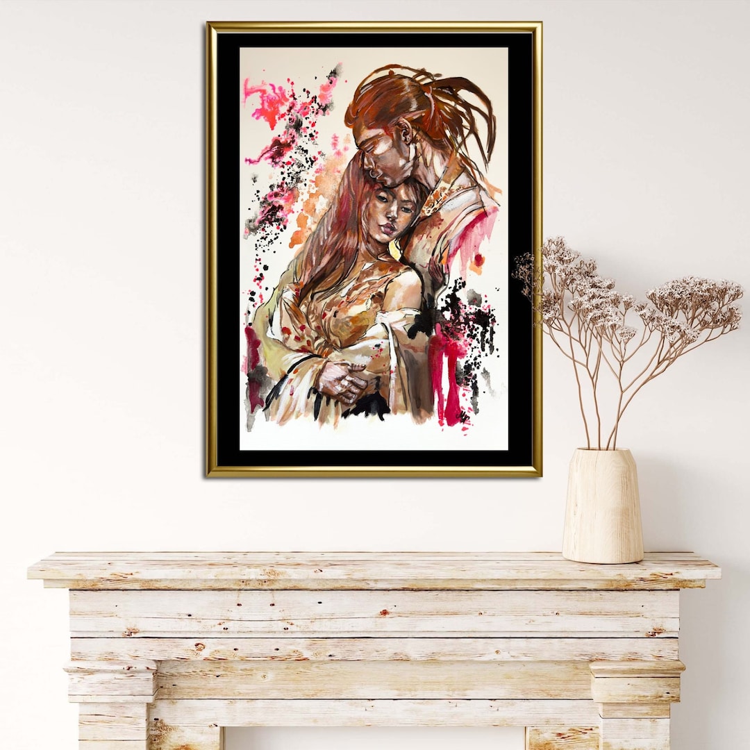 A Touching Love Story Original Watercolor Painting, Romantic Lovers ...