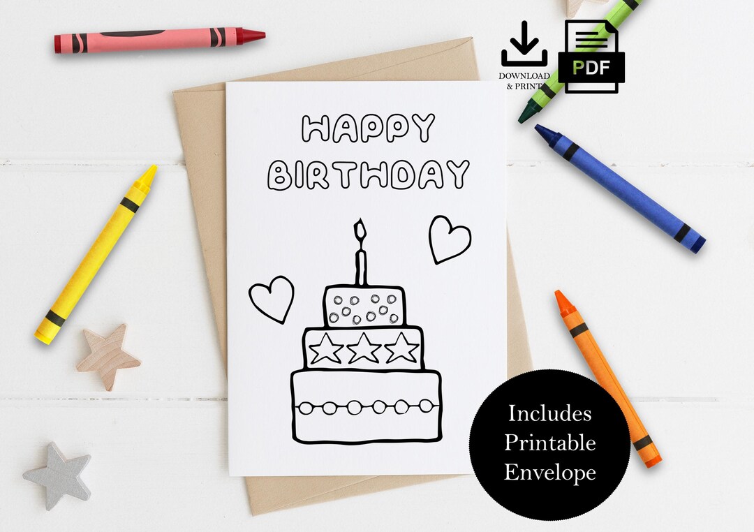 Printable Coloring Happy Birthday Card, Fun Activity for Kids, Easy to ...