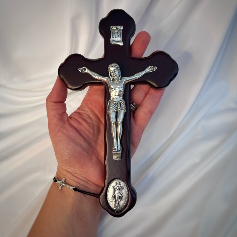 Italian Wood Wall Crucifix With Miraculous Medal - Catholic Gift - Etsy