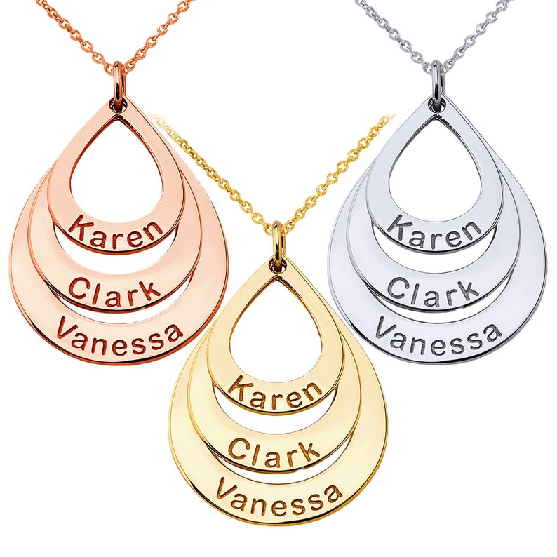 Personalized 3 Names Triple Stack Tear Drop Pendants Necklace - Etsy