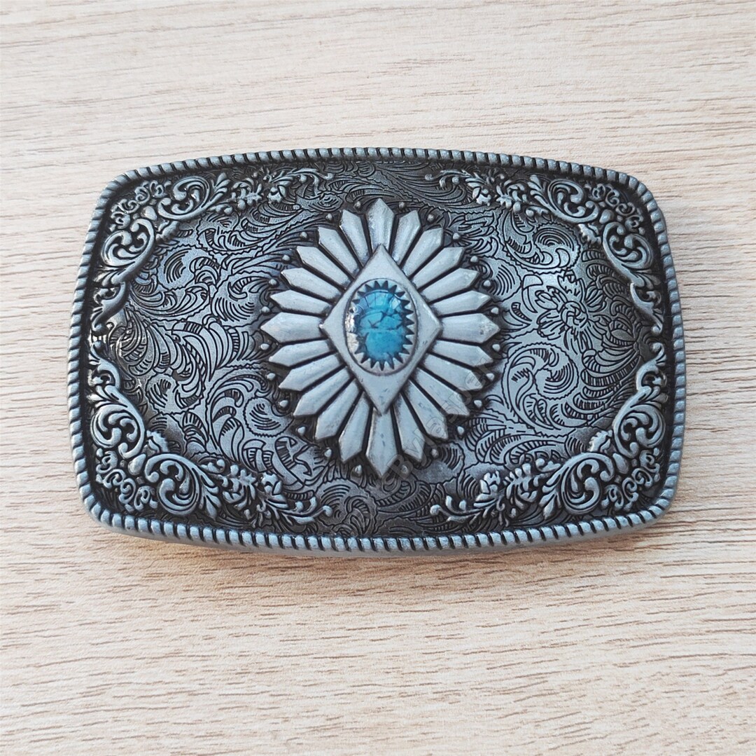 Boho Western Cowboys Buckle Flower Blue Stone Mens Belt Buckle ...