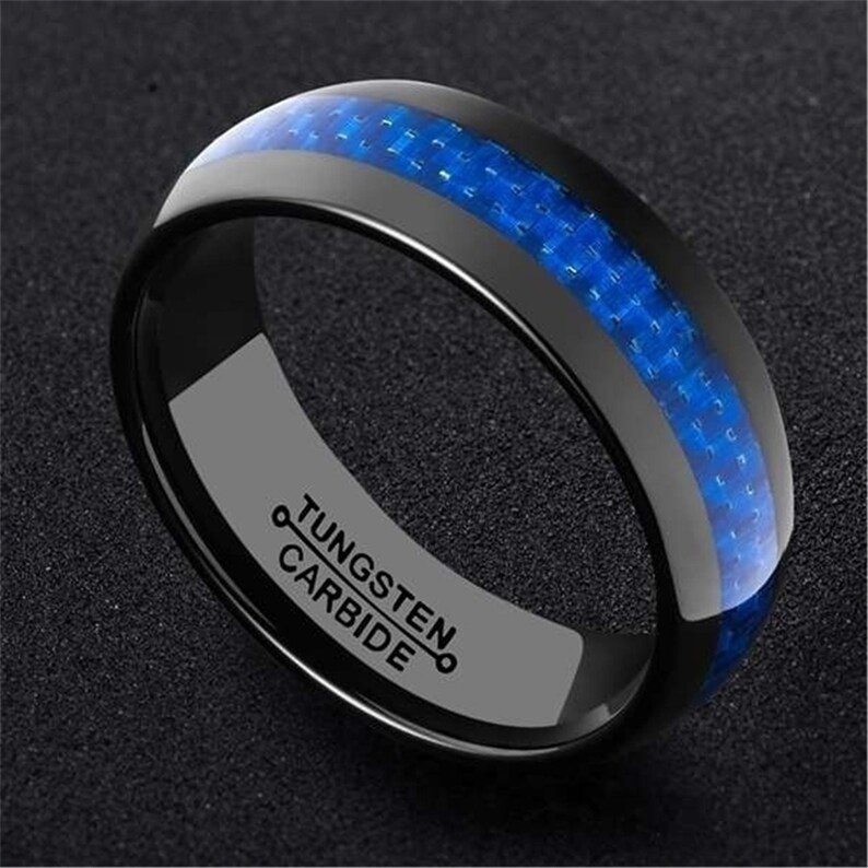 8MM Mens Tungsten Carbide Ring Wedding Band Blue Carbon - Etsy