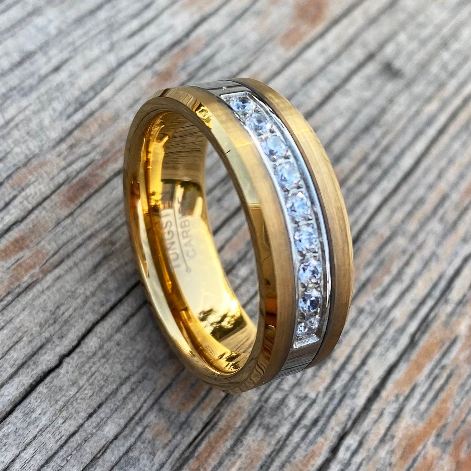 8MM Gold Mens Tungsten Carbide Ring 9 AAA Zircon Diamond | Etsy