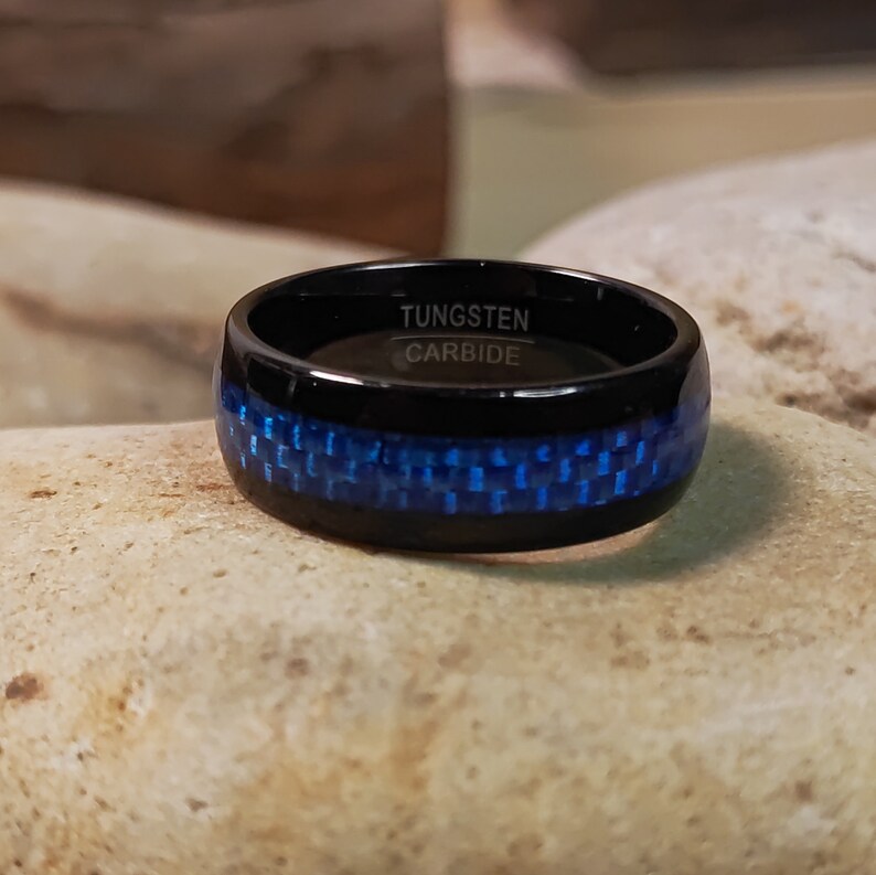 8MM Mens Tungsten Carbide Ring Wedding Band Blue Carbon - Etsy