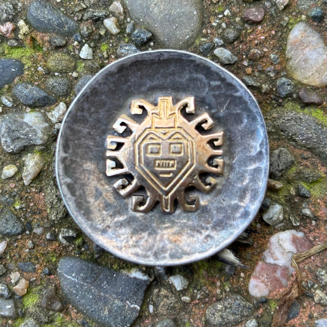 VINTAGE OLD CUZCO 18K Yellow Gold 925 Sterling Silver Brooch Pin Round ...