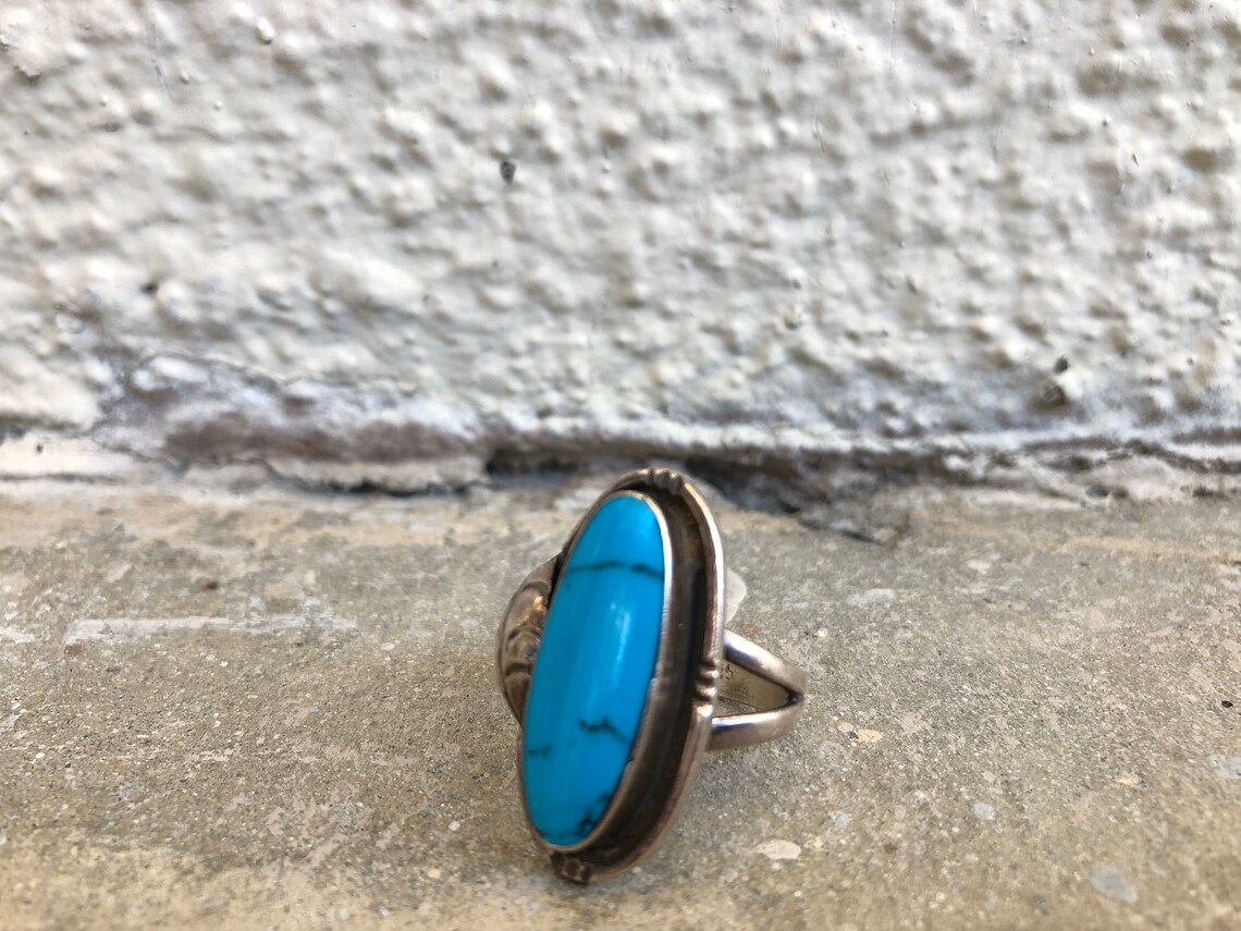 VINTAGE 925 sterling silver turquoise ring blue stone oblong | Etsy