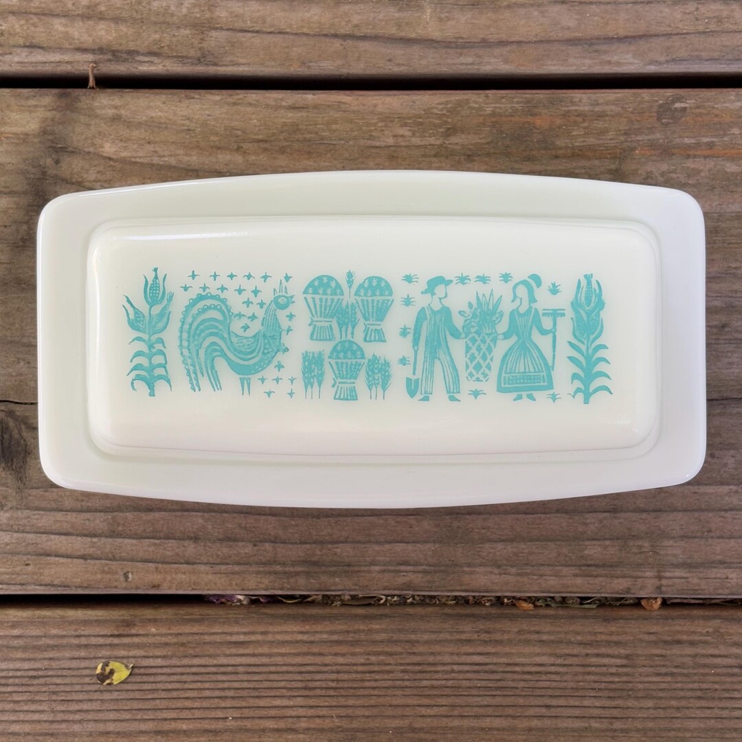 50s 60s VINTAGE PYREX Butter Dish White Turquoise Amish Butterprint ...