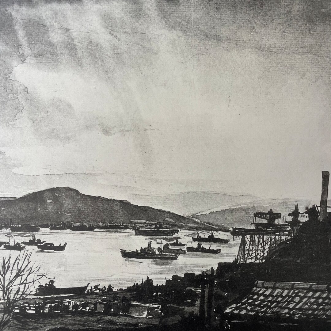 40s VINTAGE Kure Harbor Occupied Japan Art Print Black & White Beige ...