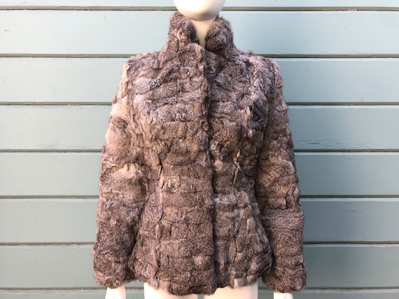 70s 80s VINTAGE real rabbit fur coat gray brown beige… - Gem