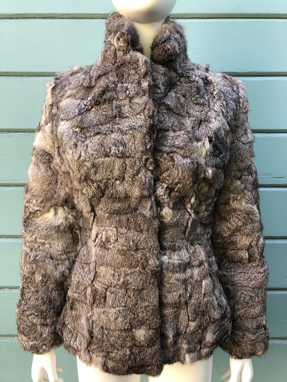 70s 80s VINTAGE real rabbit fur coat gray brown beige… - Gem