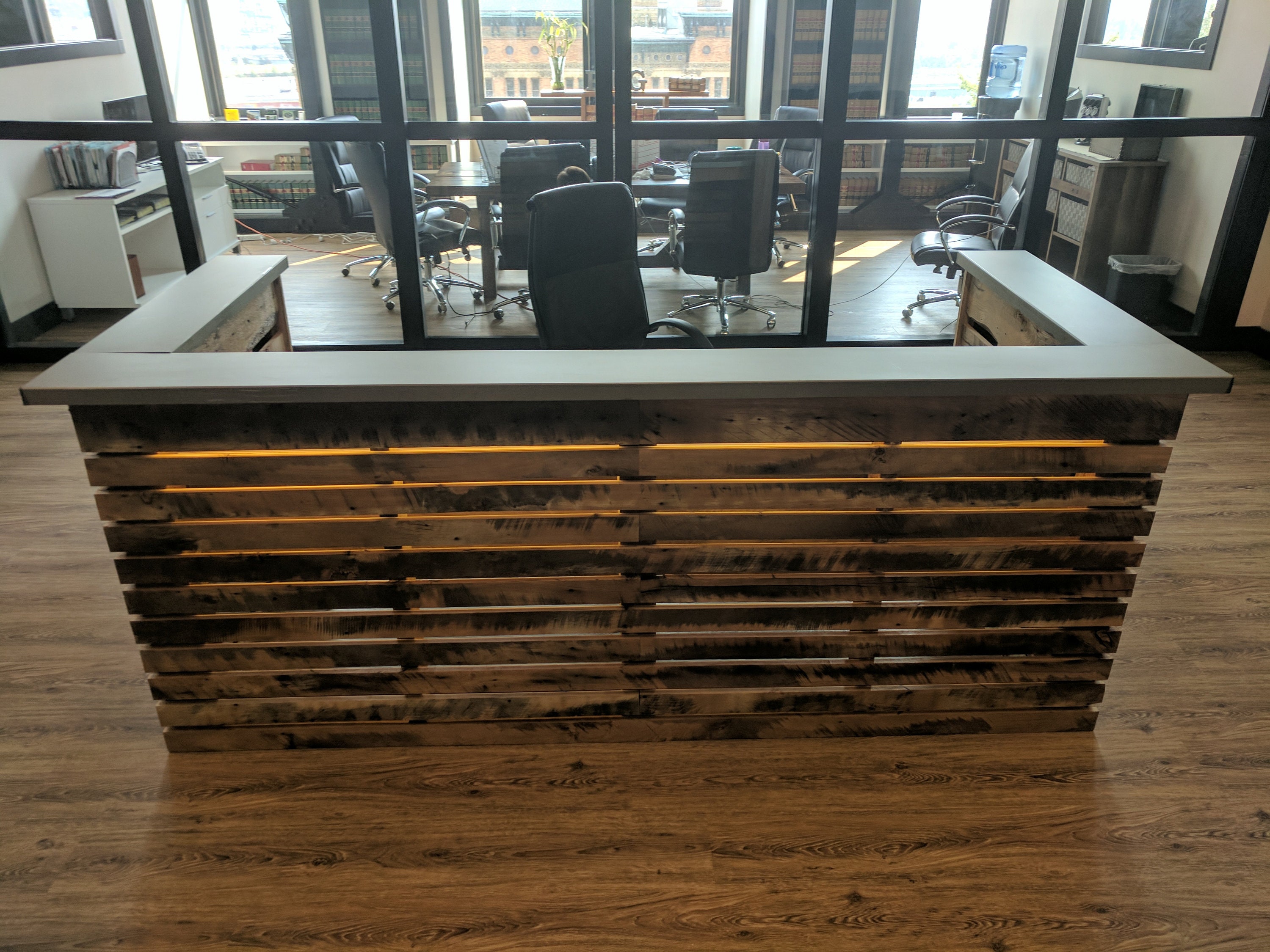 Illuminated Reclaimed Wood Slat and Steel Reception Desk - Etsy