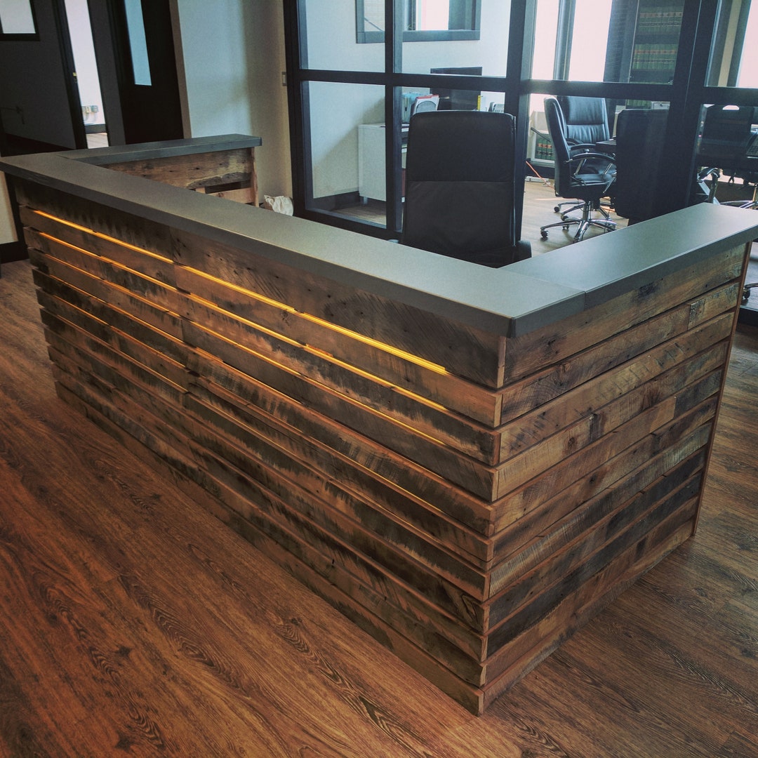 Illuminated Reclaimed Wood Slat and Steel Reception Desk - Etsy