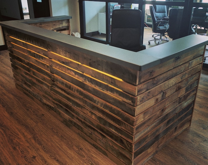Illuminated Reclaimed Wood Slat and Steel Reception Desk - Etsy