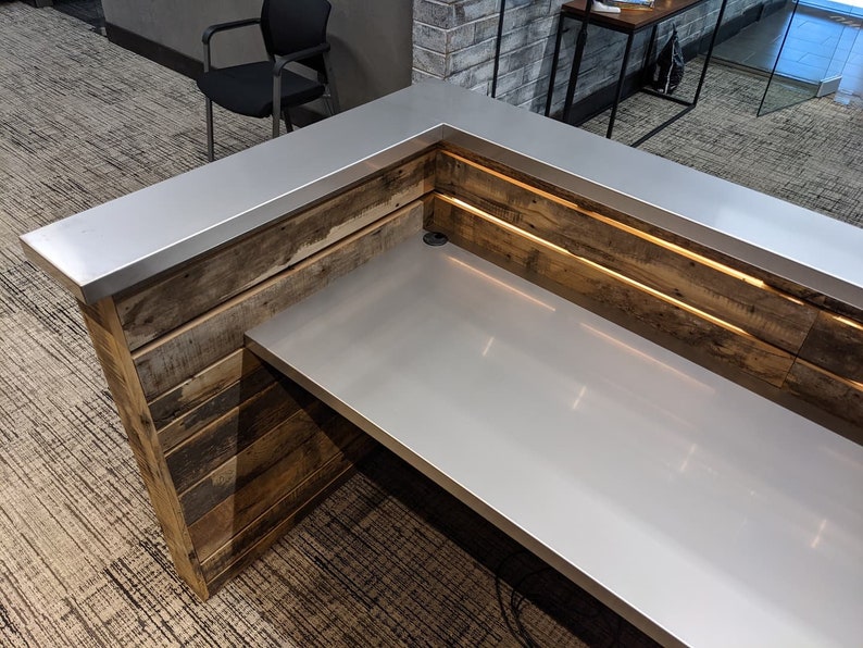 Illuminated Reclaimed Wood Slat and Steel Reception Desk - Etsy
