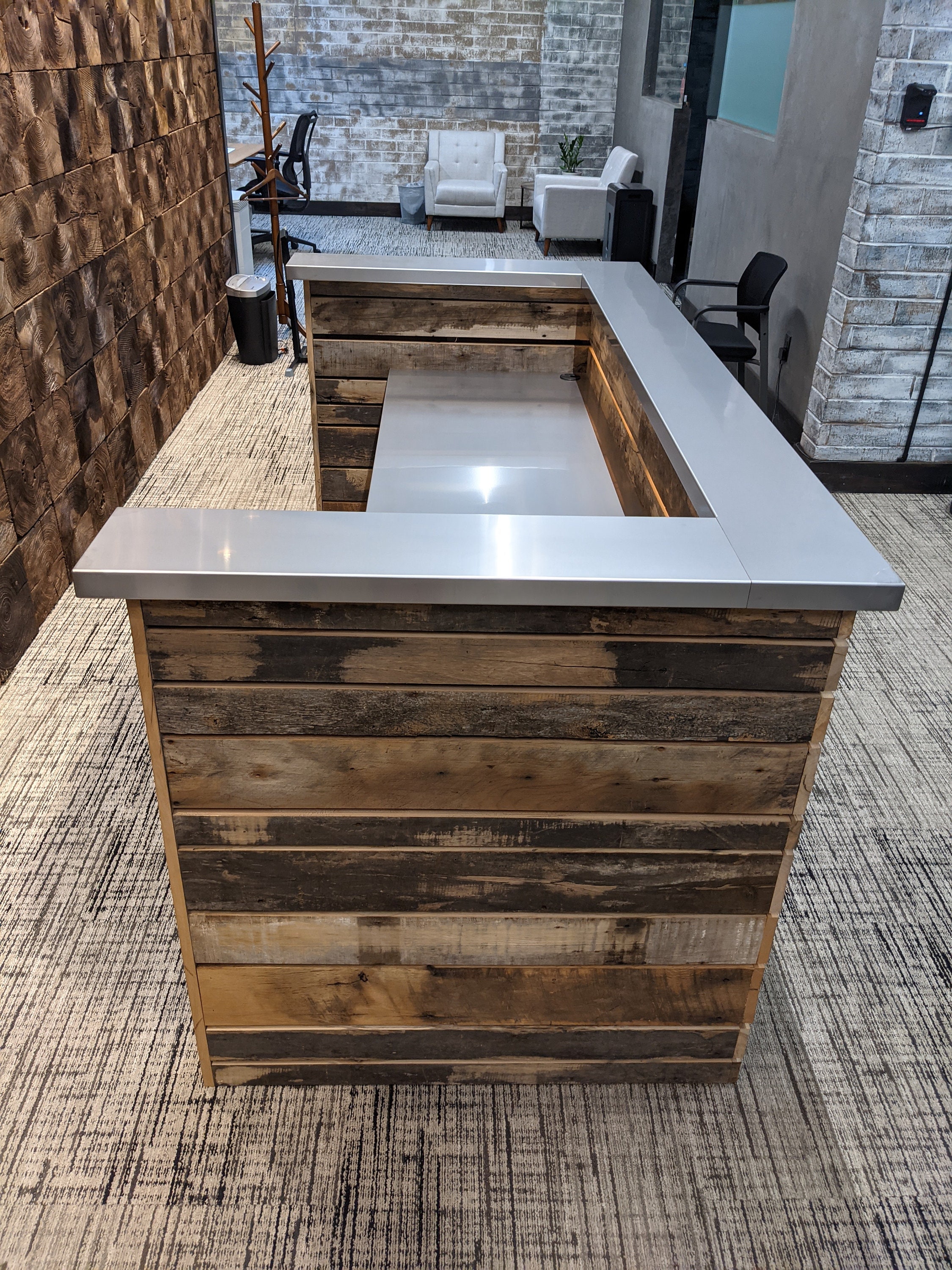 Illuminated Reclaimed Wood Slat and Steel Reception Desk - Etsy