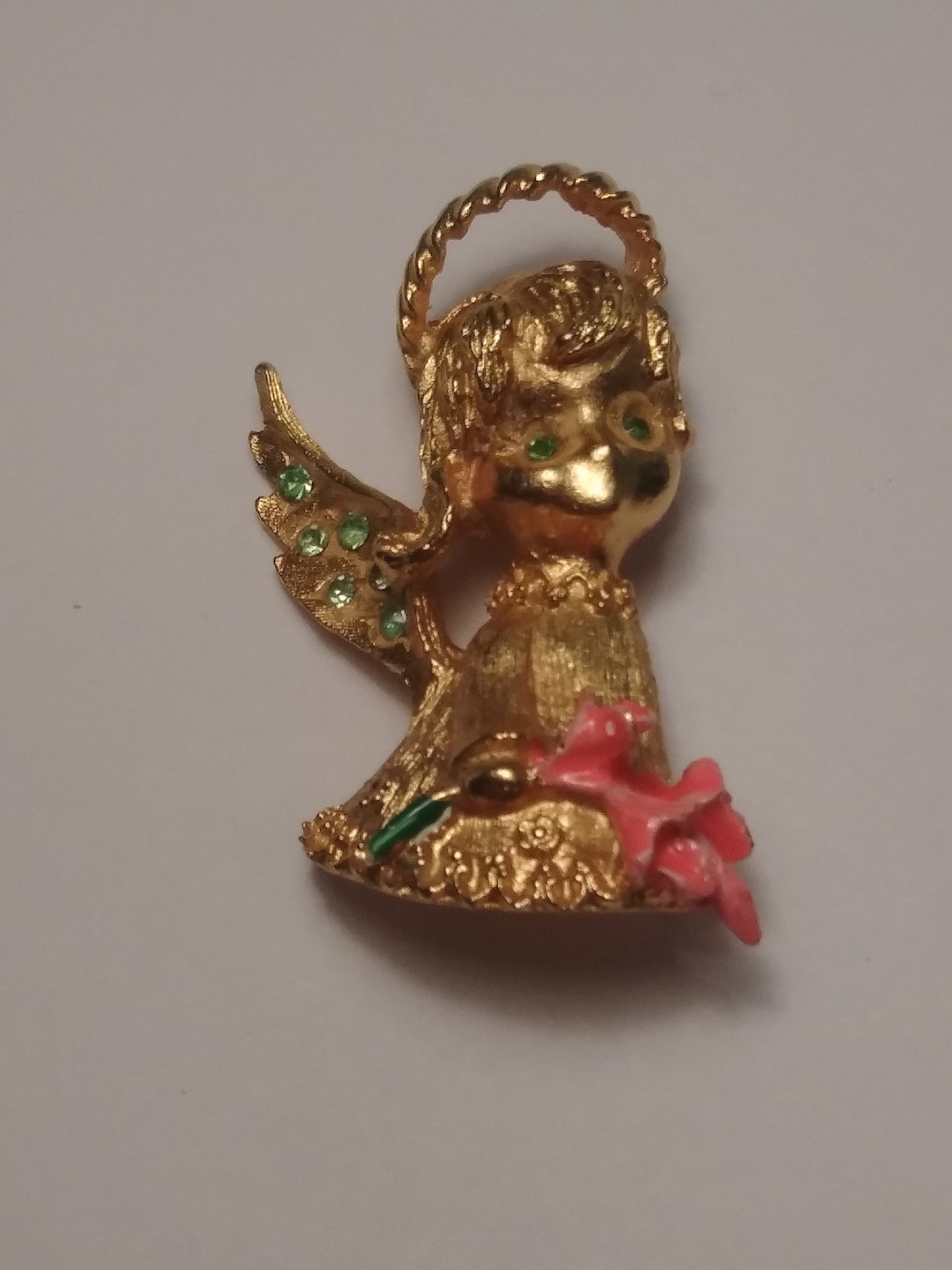 MYLU Gold Tone & Enamel Angel Brooch With Green Rhinestone Accents - Etsy