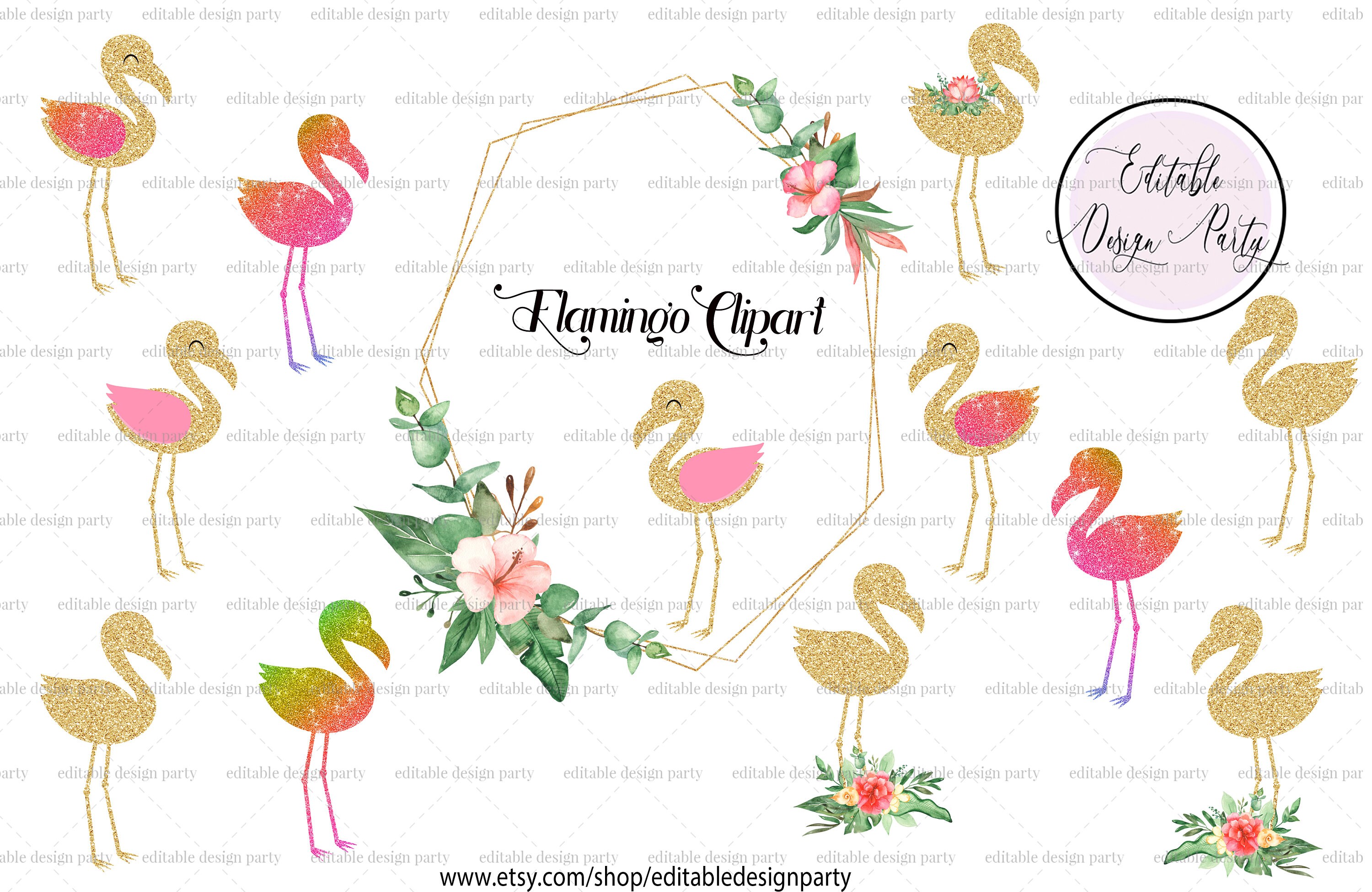Flamingo Clipart, Tropical Clipart, Flamingo Glitter Gold, Flamingo ...