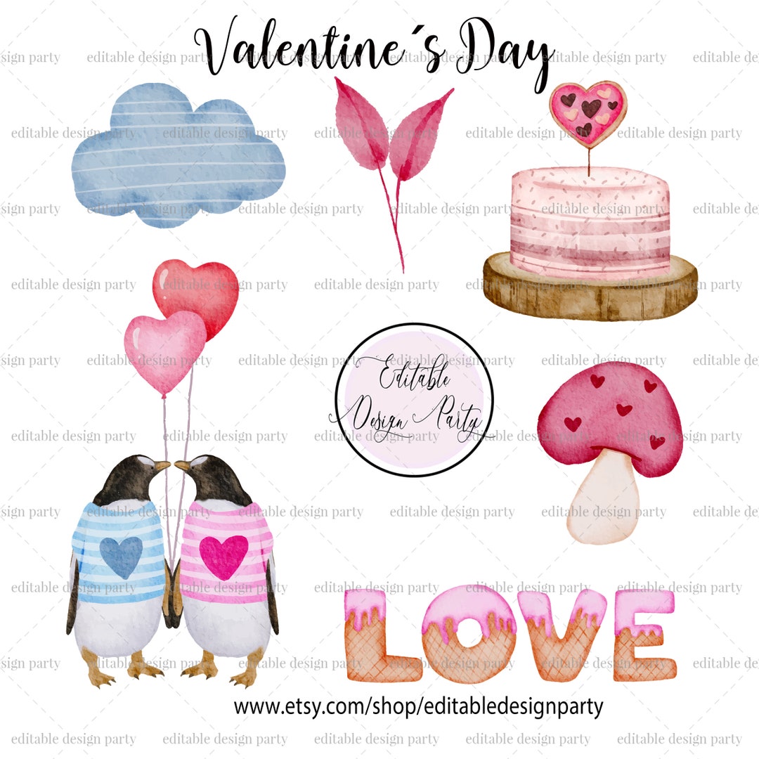 INSTANT DOWNLOAD, Valentines Day, Valentines Watercolor, Penguin Love ...